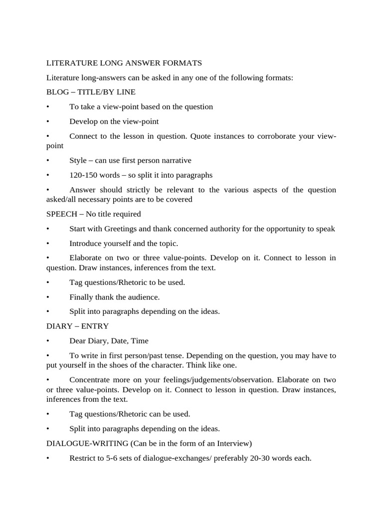 Literature Long Answer Formats Guide | PDF | Question | Rhetoric