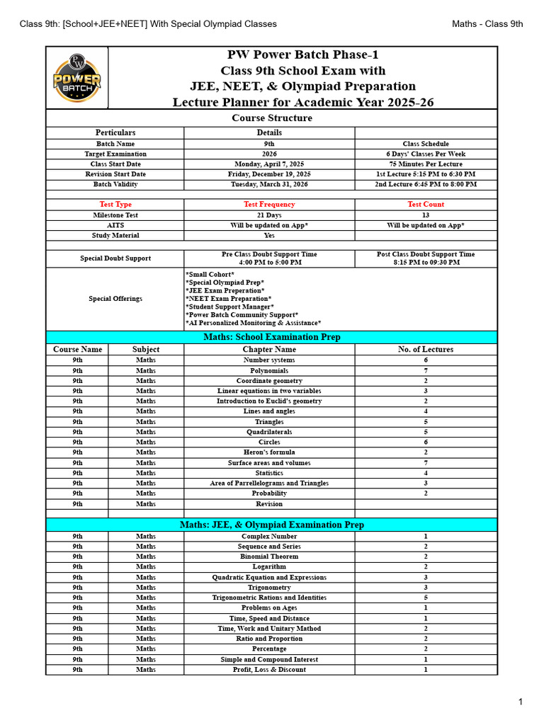 PW Power Batch Phase-1 Class 9th School Exam With JEE, NEET, & Olympiad ...