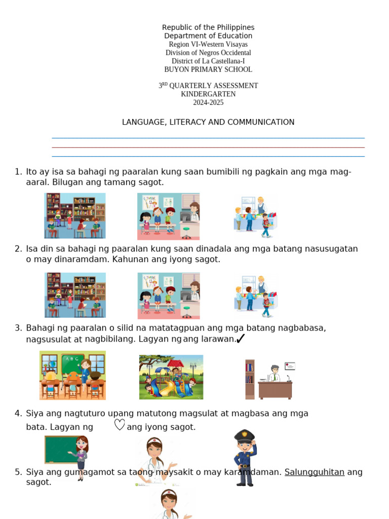 3rd Quarter Assessment Kindergarten | PDF