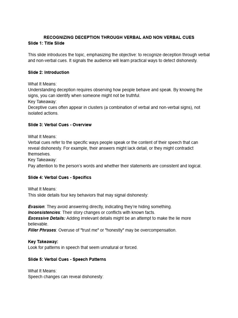 Recognizing Deception Through Verbal and Non Verbal Cues | PDF | Nonverbal Communication | Deception