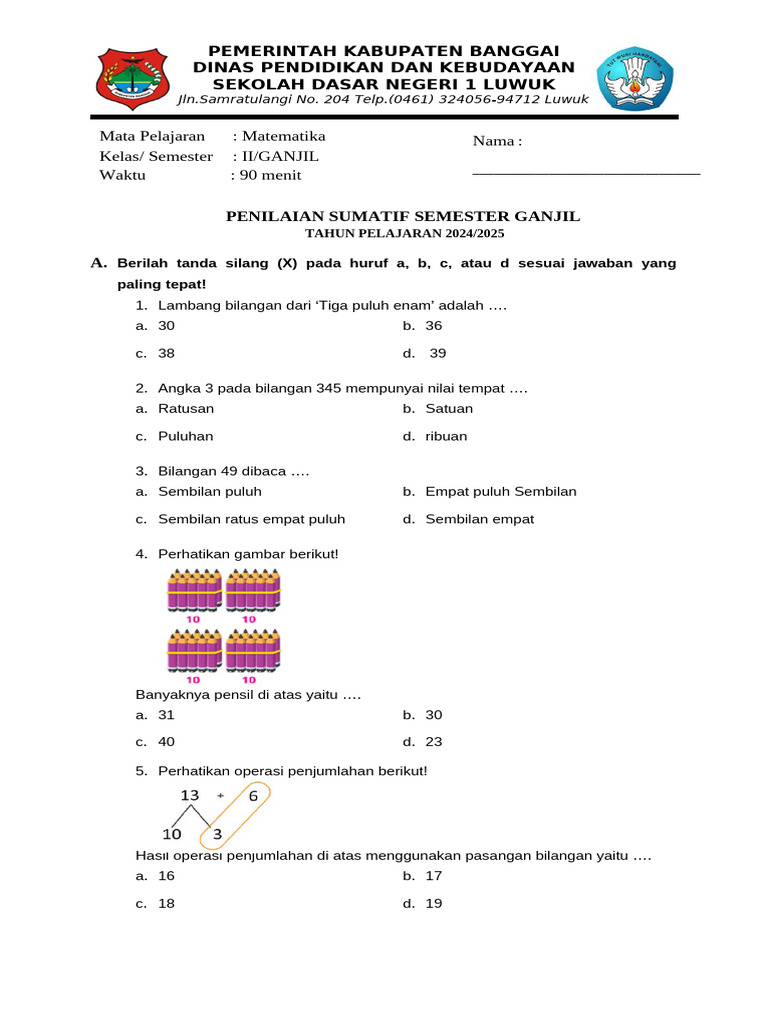Soal Asas Ganjil Matematika Kelas 2 | PDF