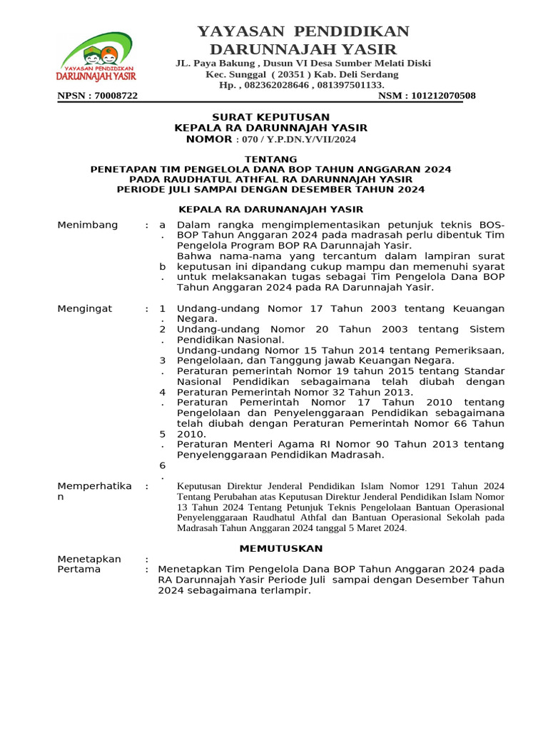 7 SK Tim Manajemen BOP RA OK | PDF