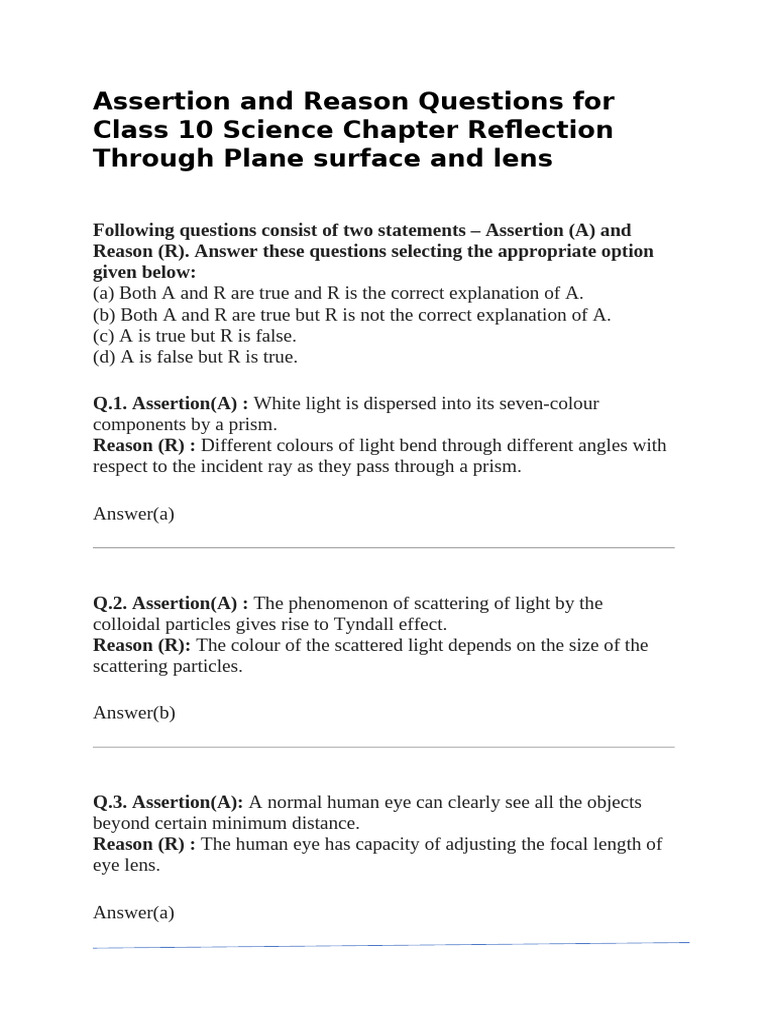 Assertion-Reason on Human Eye & Light | PDF | Sky | Sunset