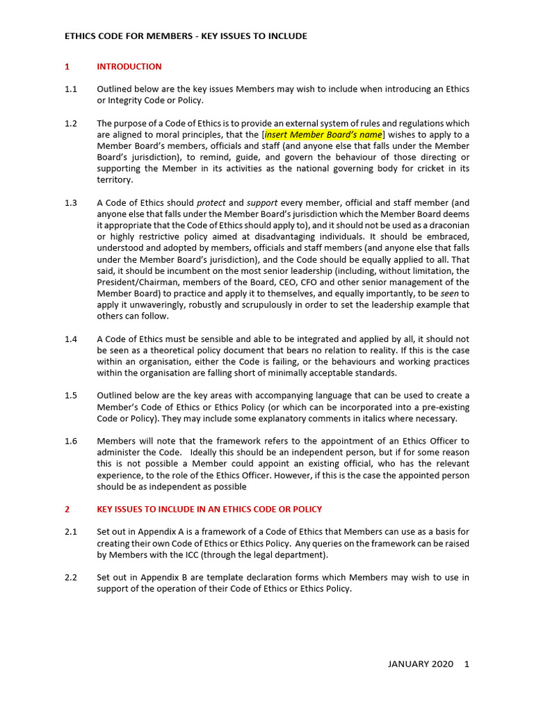 ICC Ethics Code For Members Key Points Aug 2020 | PDF | Conflict Of ...
