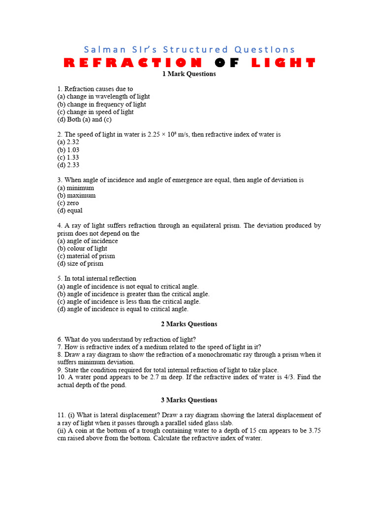 4.refraction of Light Structured Questions | PDF | Refraction ...