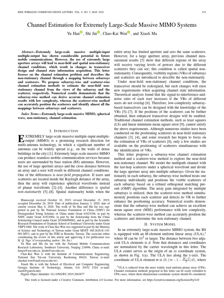 Channel Estimation for Extremely Large-Scale Massive MIMO Systems | PDF | Mimo | Stationary Process
