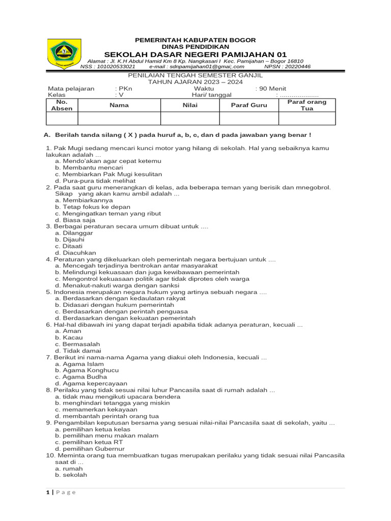 Contoh Soal PTS PKn New | PDF