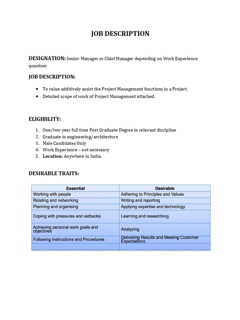 Job-Description-Chief-Manager-Projects | PDF