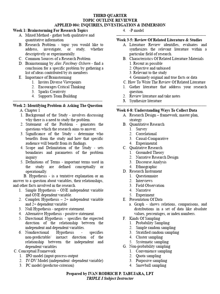 3rdQ TRIPLE I Topic Outline Reviewer.docx | PDF | Sampling (Statistics ...
