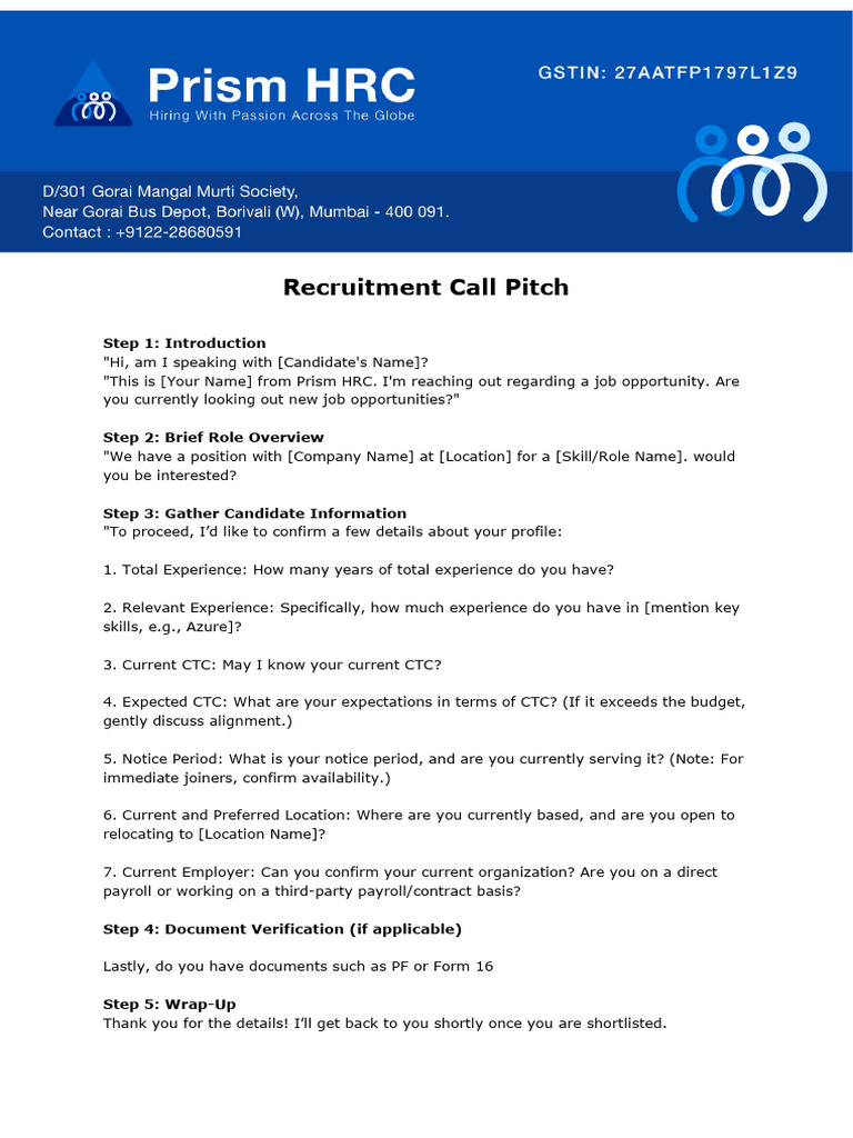 Recruitment Call Pitch Template | PDF