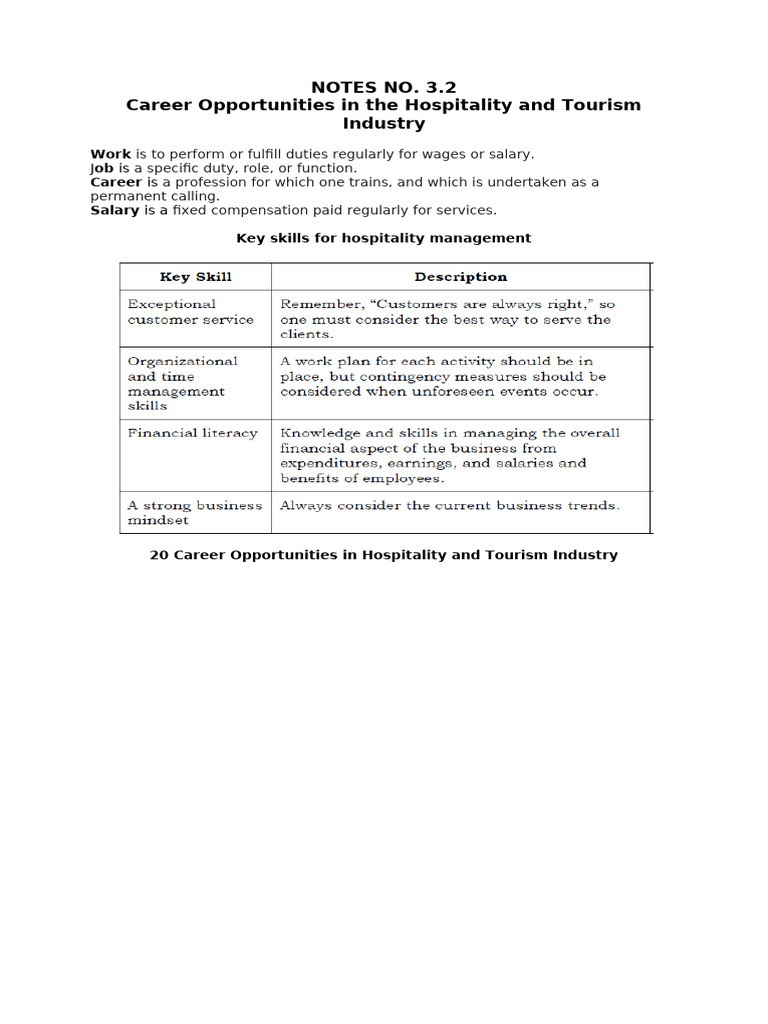 Notes No. 3.2 - Career Opportunities in Hospitality and Tourism ...