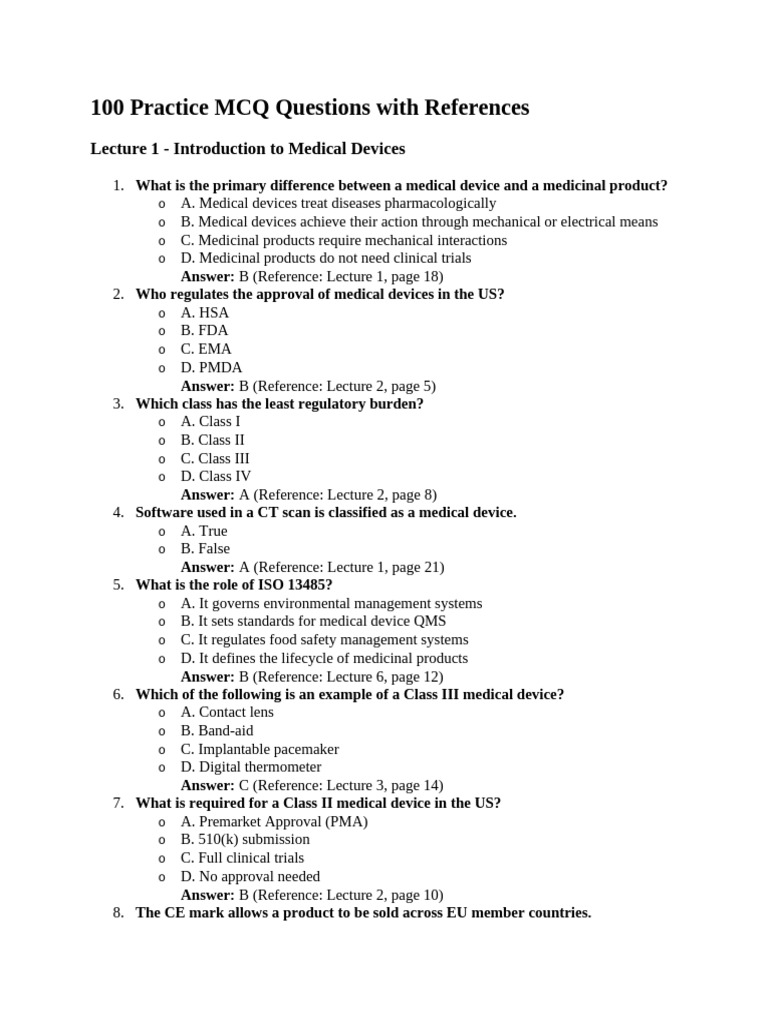 100 Practice MCQ Questions With References | PDF | Medical Device | Clinical Trial