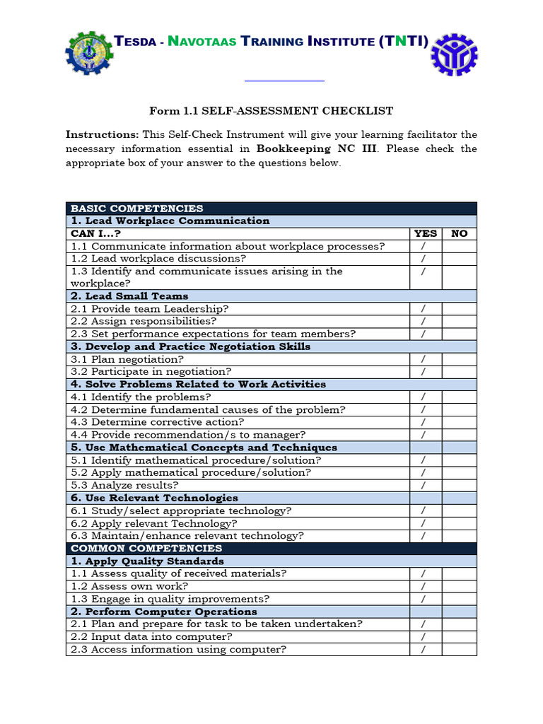 1-Self-Assessment Checklist SWBL | PDF