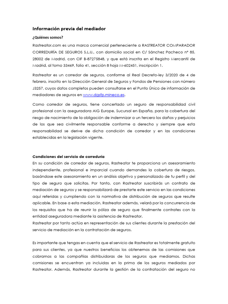 Informacion Previa Del Mediador | PDF | Seguro | Póliza de seguros