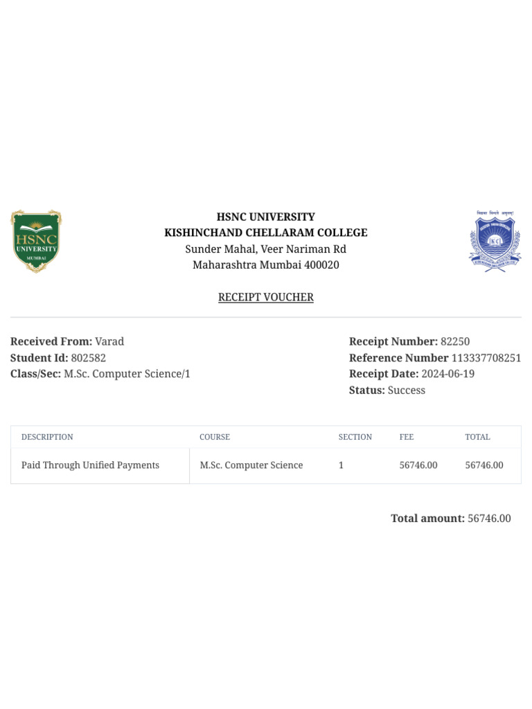 M.Sc. Computer Science Fee Receipt | PDF