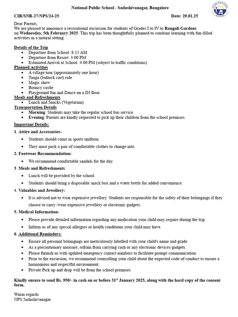 Field Trip Circular For G 1 To 4 - 27-1 | PDF