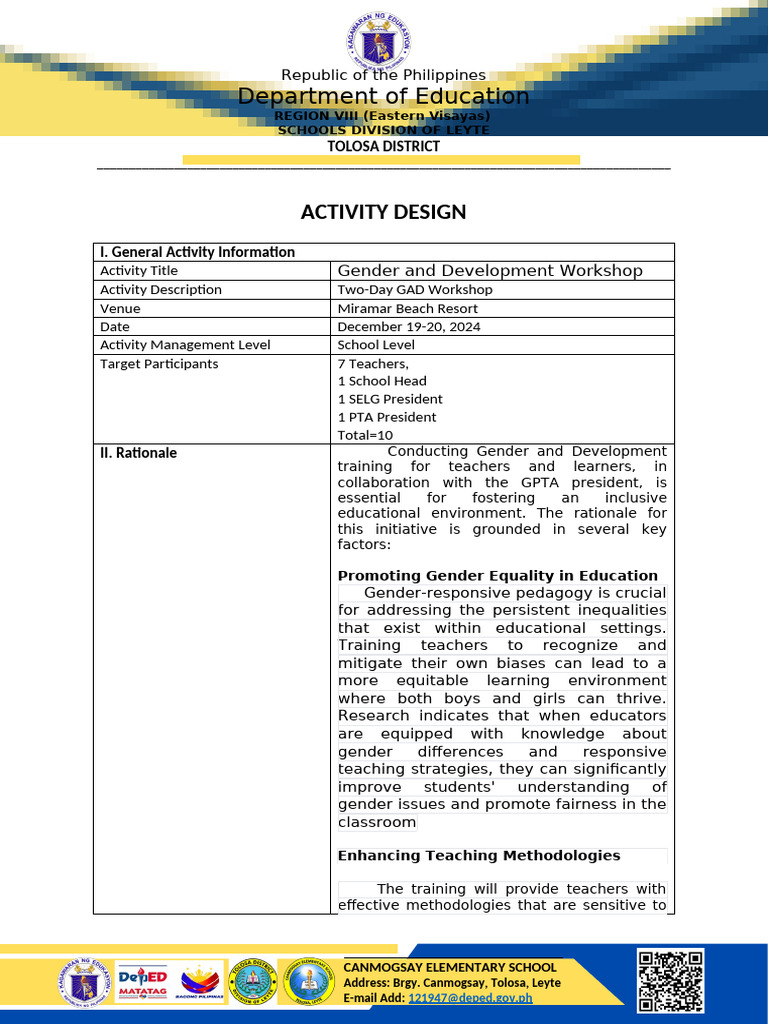 GAD 2024 Activity Design | PDF | Teachers | Cognition
