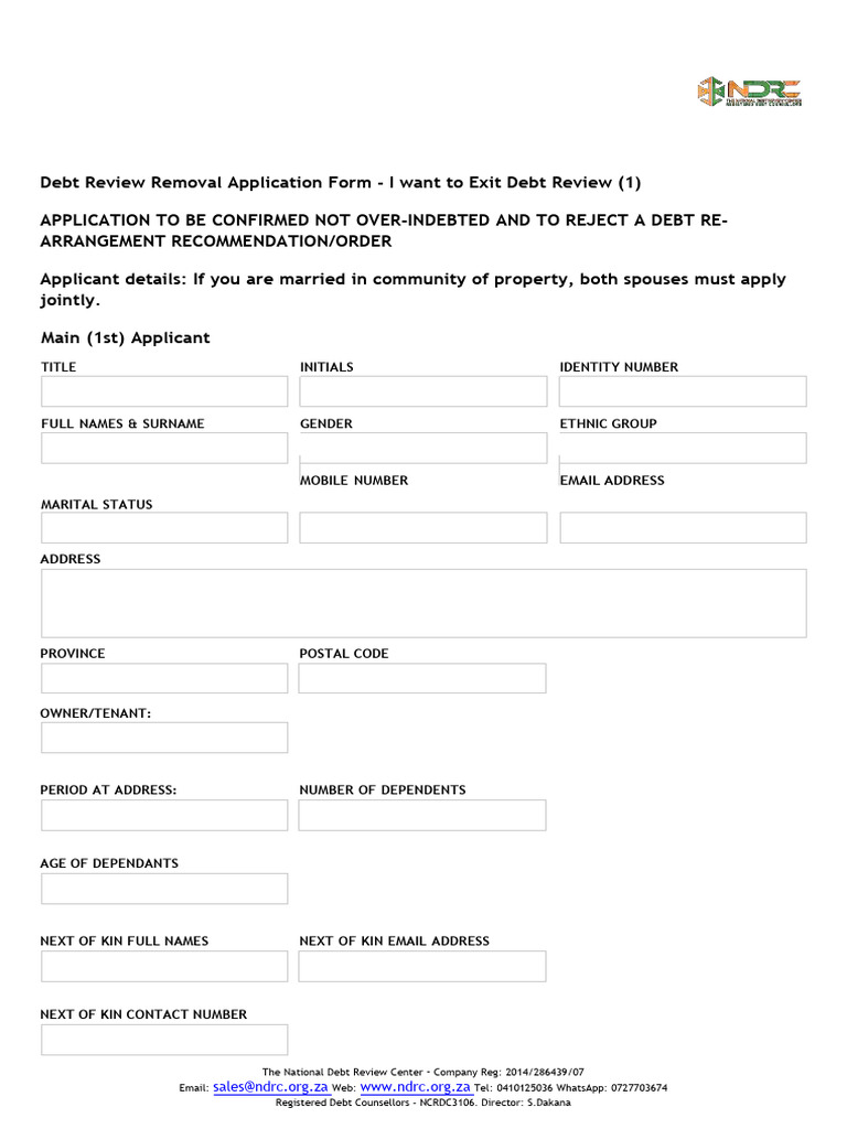 Debt Review Removal Application Form | PDF | Debt | Fee