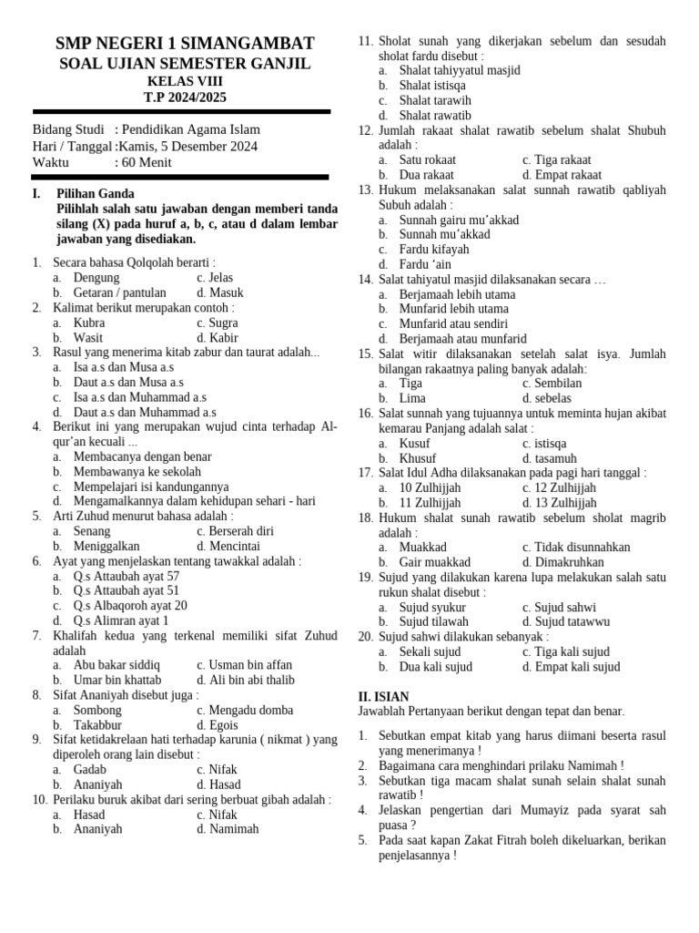SOAL PAI KELAS 8 | PDF