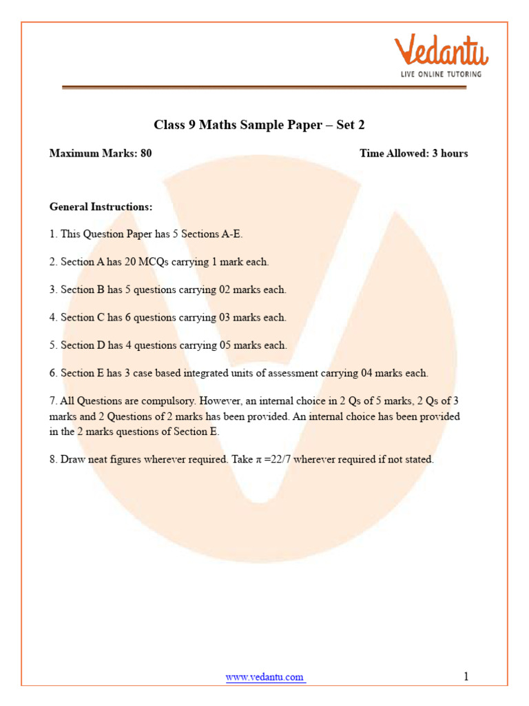 CBSE Class 9 Maths Sample Question Paper (Set 2) 2024-25 FREE PDF | PDF | Area | Euclidean Geometry