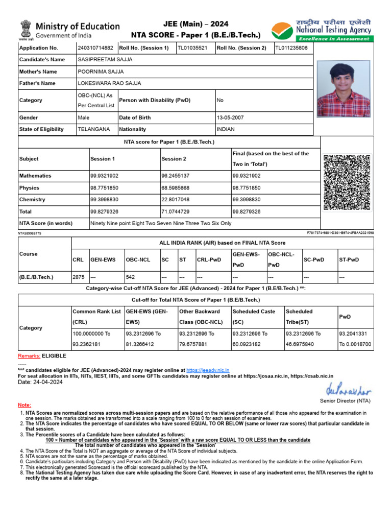 Sasipreetam NTA Score Card | PDF | Qualifications | Tests