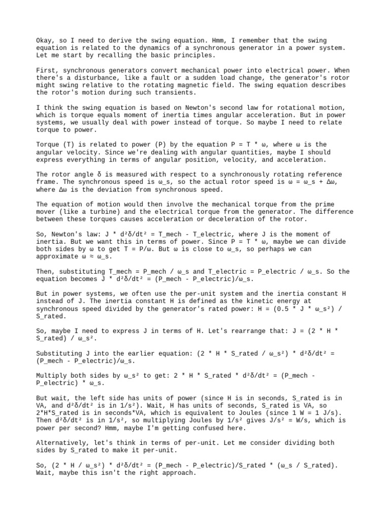 Deriving the Swing Equation in Power Systems | PDF | Torque | Physical ...