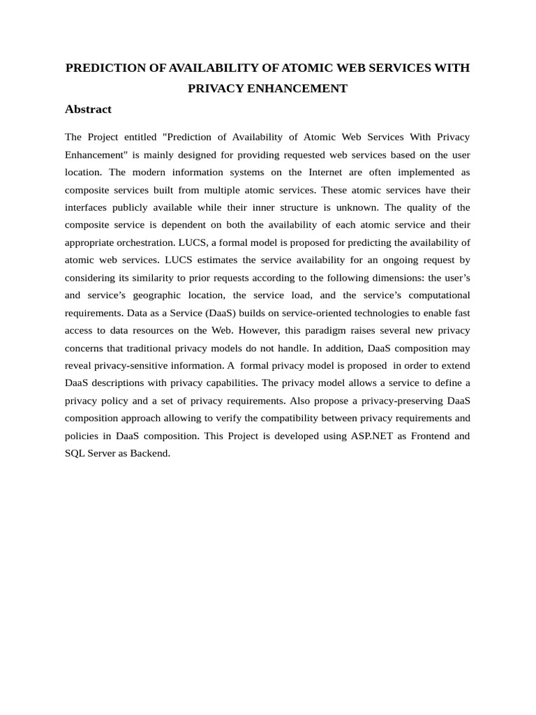 Prediction of Availability of Atomic Web Services With Privacy ...