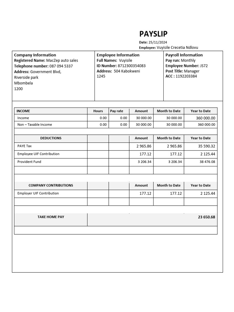 VC Ndlovu NOV PAYSLIP | PDF