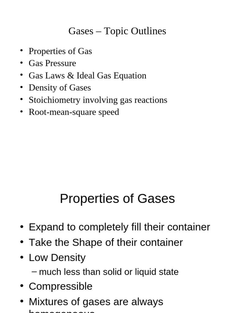 Gas Laws and Properties Overview | PDF | Gases | Pressure