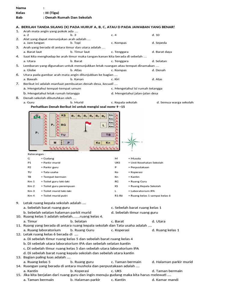 Soal IPS Kelas 3 SD Bab 2 Denah Rumah Dan Sekolah Dan Kunci Jawaban | PDF