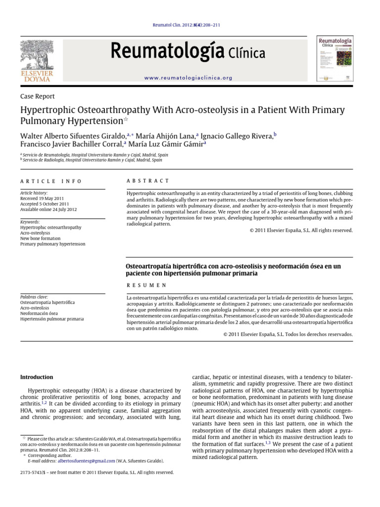 Hypertrophic Osteoarthropathy With Acro-Osteolysis in A Patient With ...