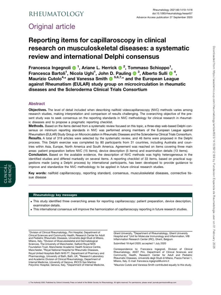 Reporting Items For Capillaroscopy in Clinical Research On ...
