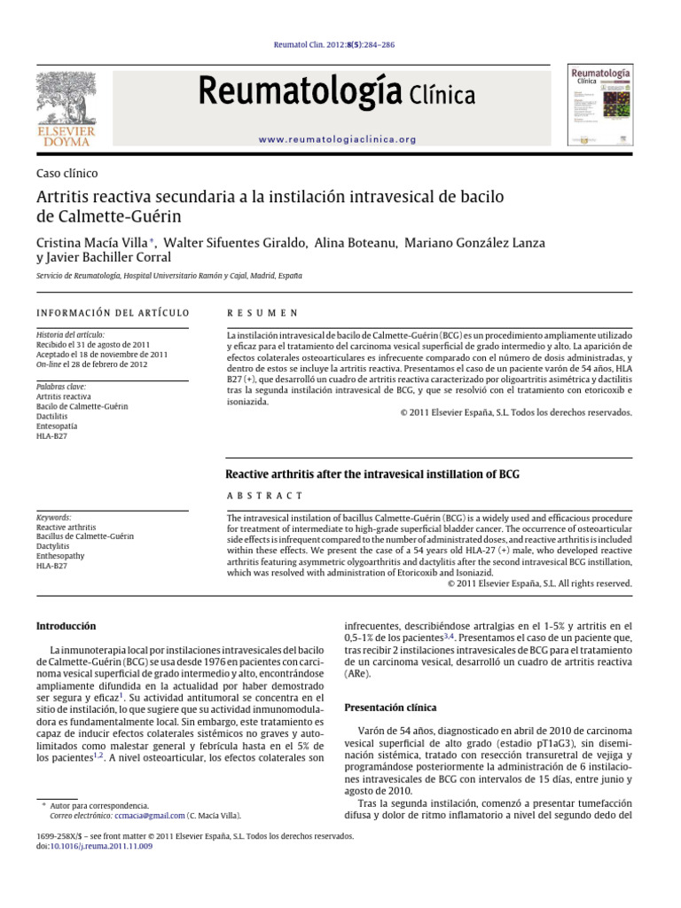 Artritis Reactiva Secundaria A La Instilación Intravesical de Bacilode ...