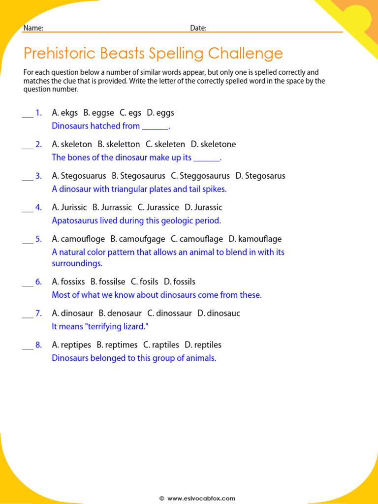 Prehistoric Beasts Spelling Quiz | PDF | Dinosaurs | Paleontology
