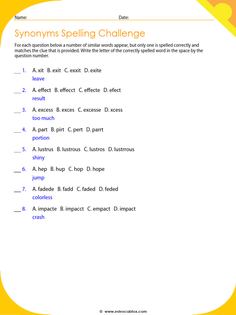 Synonyms Spelling Challenge 1 | PDF