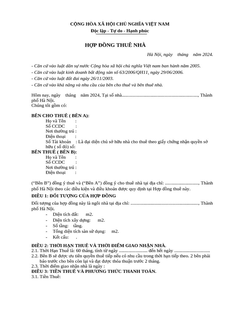 Hợp Đồng Thuê Nhà: Cộng Hòa Xã Hội Chủ Nghĩa Việt Nam Độc lập - Tự do - Hạnh phúc | PDF