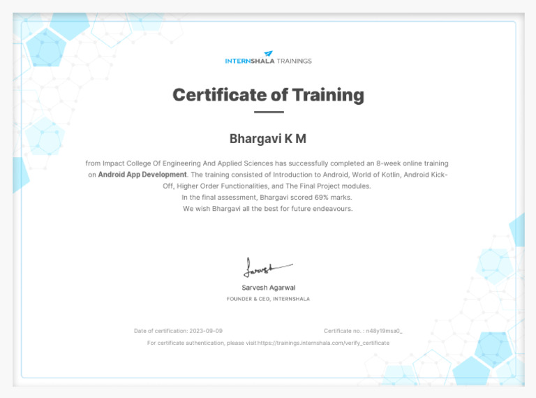 Android App Development Training - Certificate of Completion | PDF