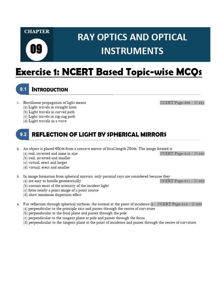 NCERT MCQs on Ray Optics Concepts | PDF | Refraction | Refractive Index