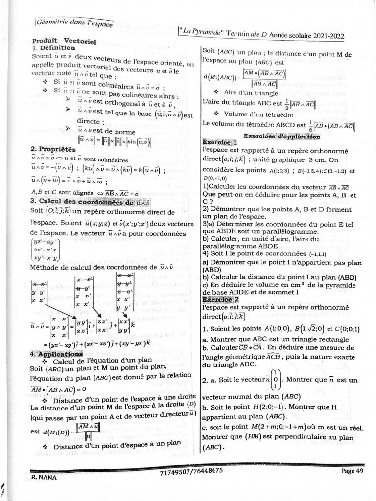 Géométrie Dans L'espace Cours Et Exercices BAC D | PDF