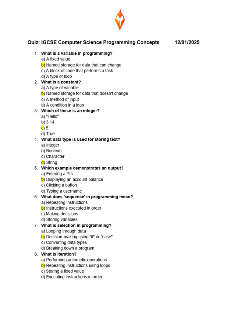 Quiz - IGCSE Computer Science Programming Concepts- 12 - 01 - 2025의 사본 | PDF | Data Type ...