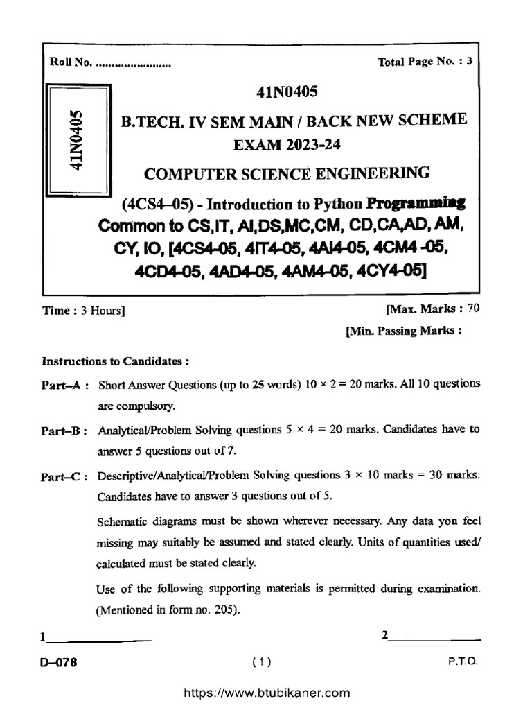Btech Cs 4 Sem Introduction to Python Programming 41n0405 2024 | PDF