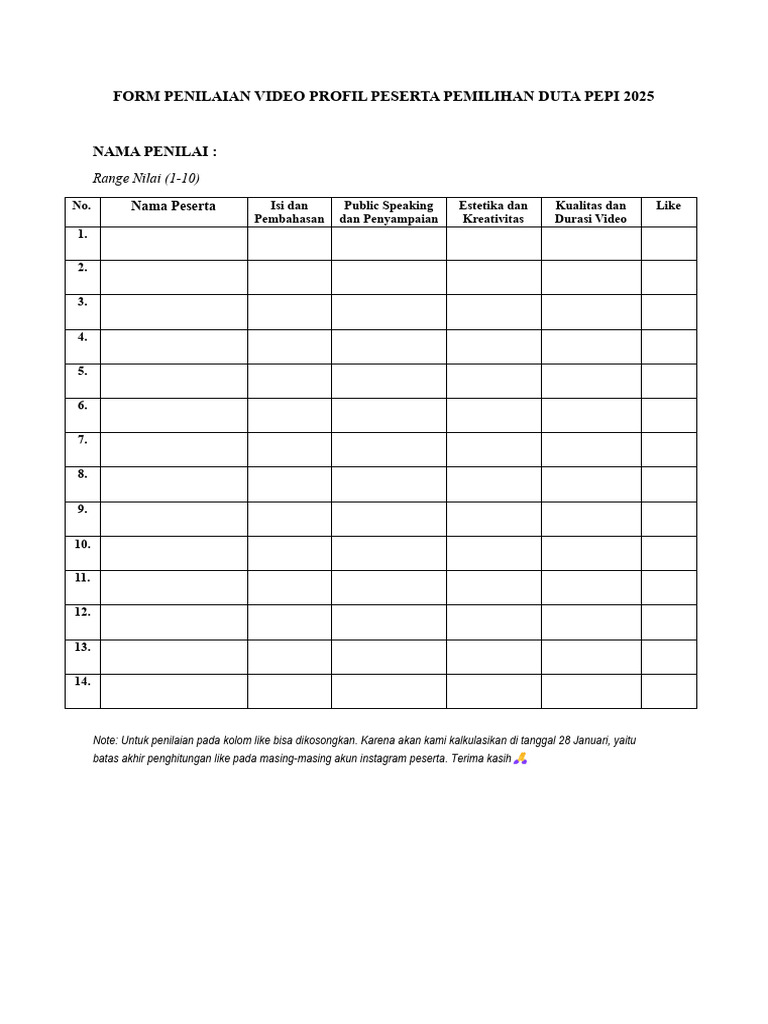 Form Penilaian Video Profil Peserta Pemilihan Duta Pepi 2025 | PDF