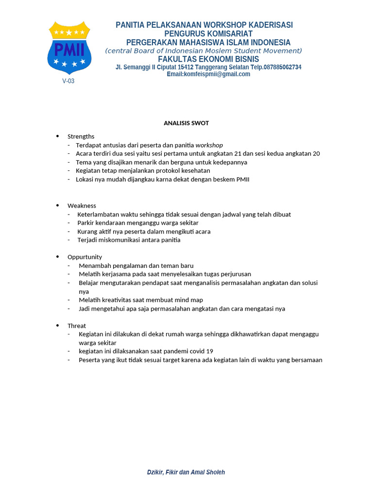 Analisis Swot Kegiatan Workshop Kaderisasi | PDF