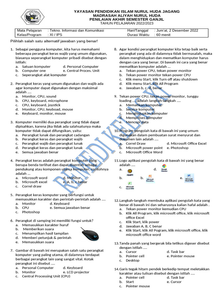 Soal PAS TIK Ganjil 2022-2023 Kls 11 | PDF