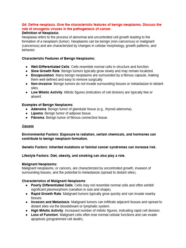 Q4 - Define Neoplasia. Give The Characteristic Features of Benign ...