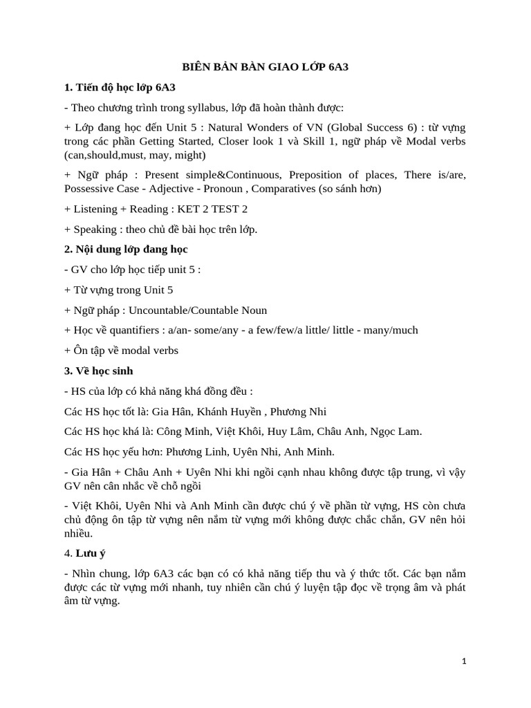 Biên Bản Bàn Giao Lớp 6a3 | PDF