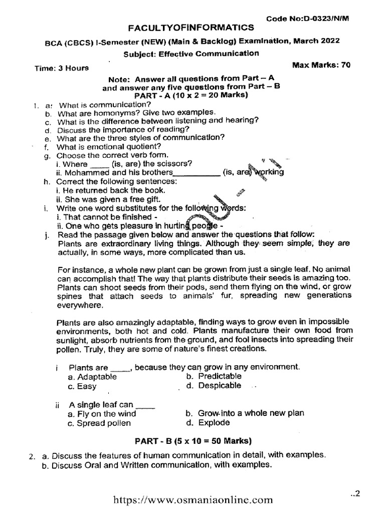 Bca 1 Sem Effective Communication D 0323 Mar 2022 | PDF