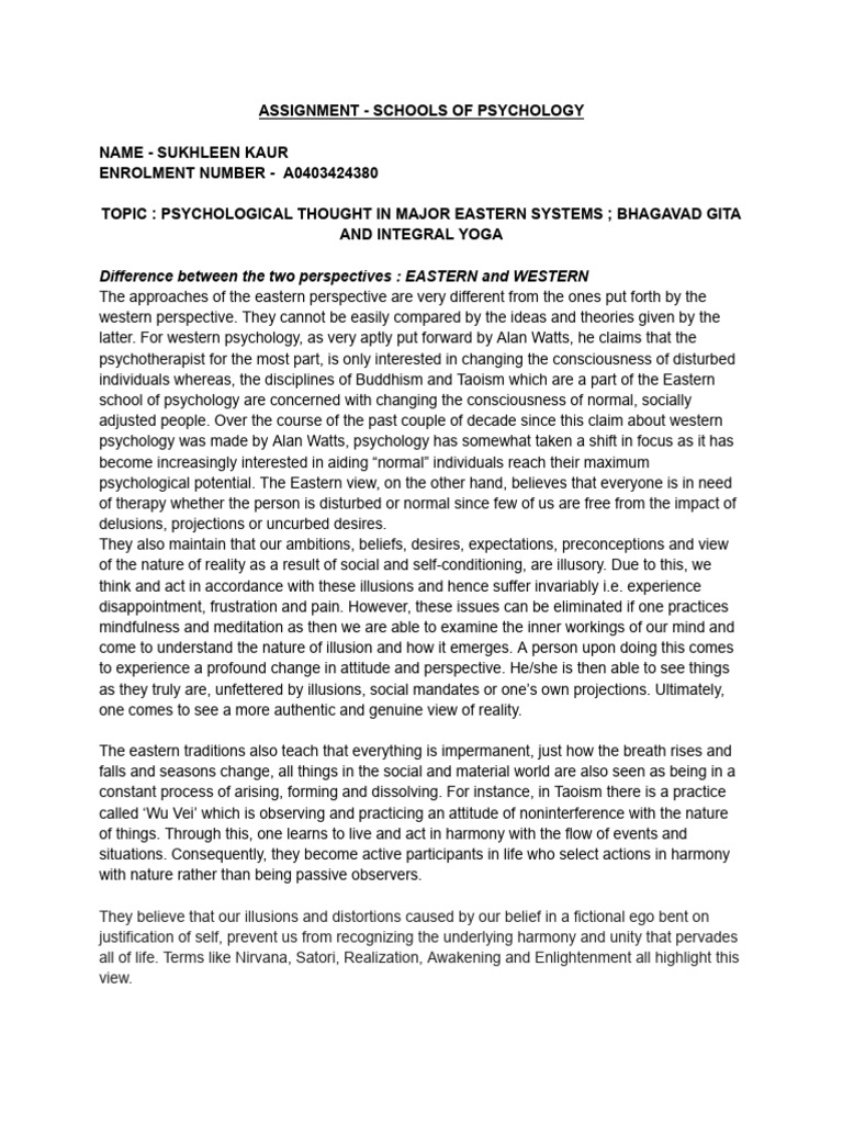 Schools of Psychology Assignment | PDF | Noble Eightfold Path | Bhagavad Gita