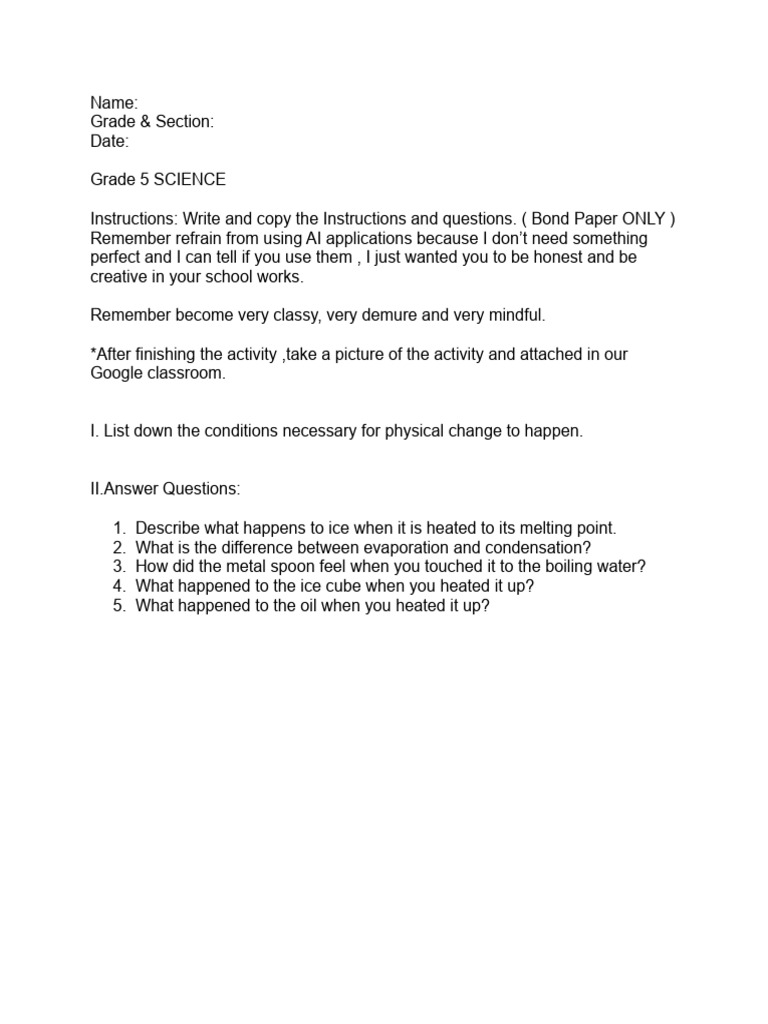 Grade 5 Science Written Activity | PDF