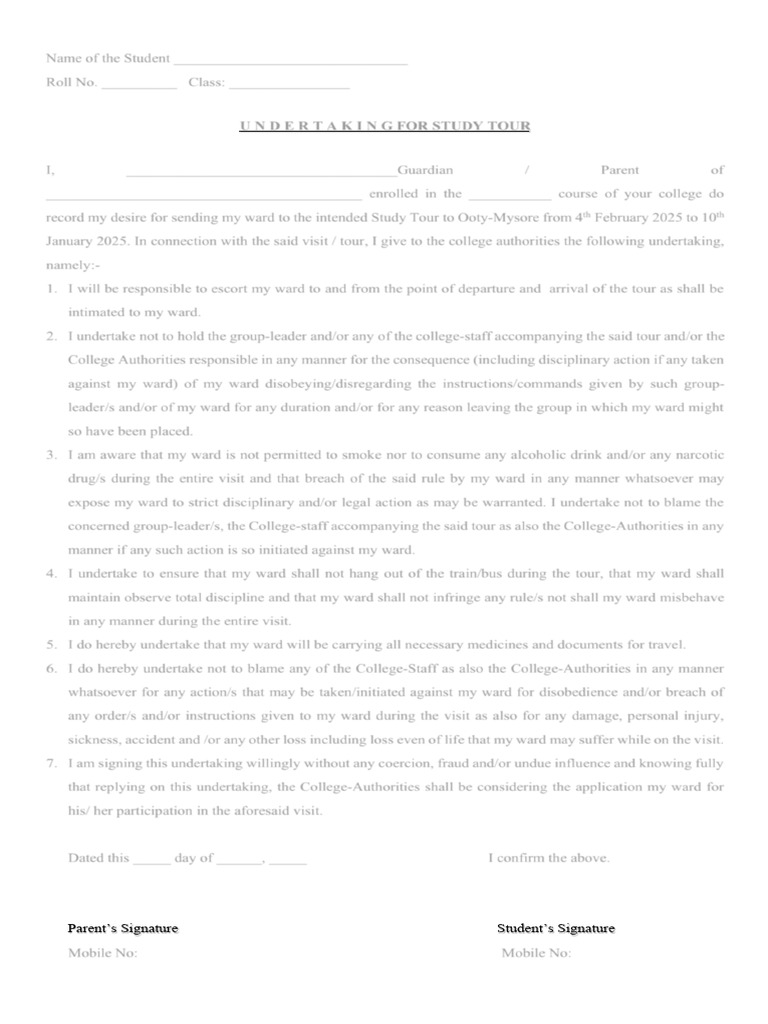 Undertaking Form For Tour1 | PDF